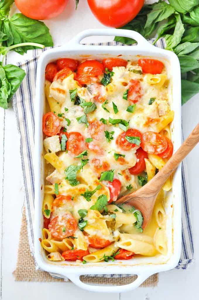 Dump-and-Bake Chicken Caprese Pasta - The Seasoned Mom