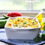 Dump-and-Bake Summer Pasta with Zucchini, Corn & Chicken - The Seasoned Mom