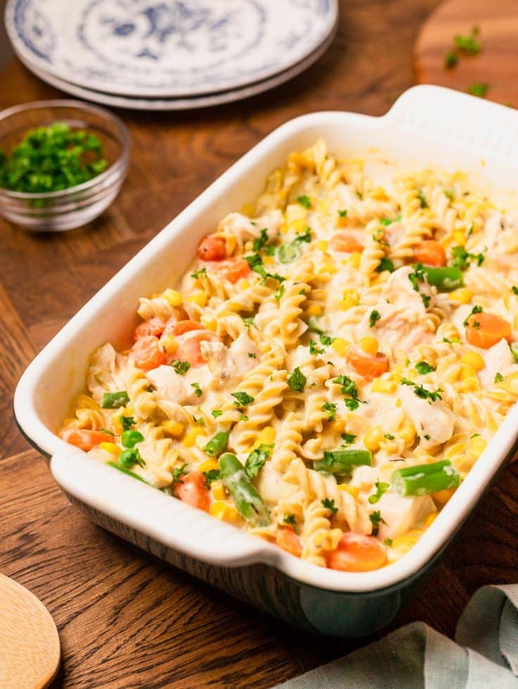 Dump-and-Bake Chicken Pot Pie Pasta