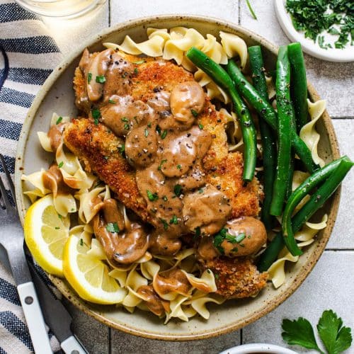 Crispy Pork Schnitzel with Mushroom Gravy