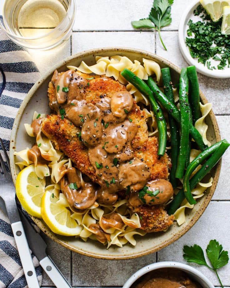 Crispy Pork Schnitzel with Mushroom Gravy
