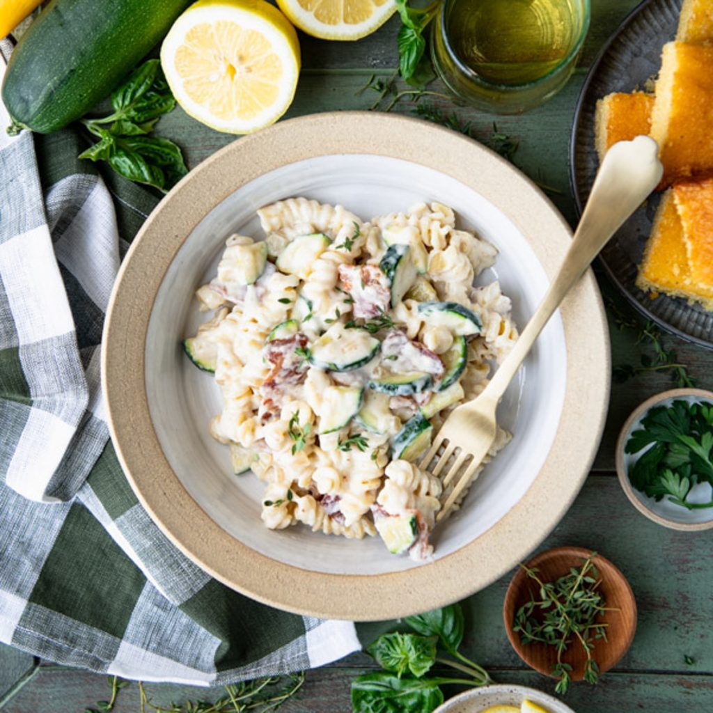 Cheesy Pasta with Zucchini and Bacon - The Seasoned Mom