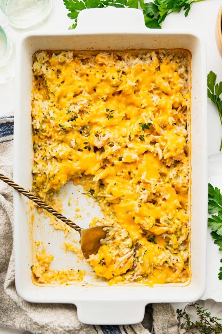 Dump-and-Bake Cheesy Chicken and Rice Casserole - The Seasoned Mom