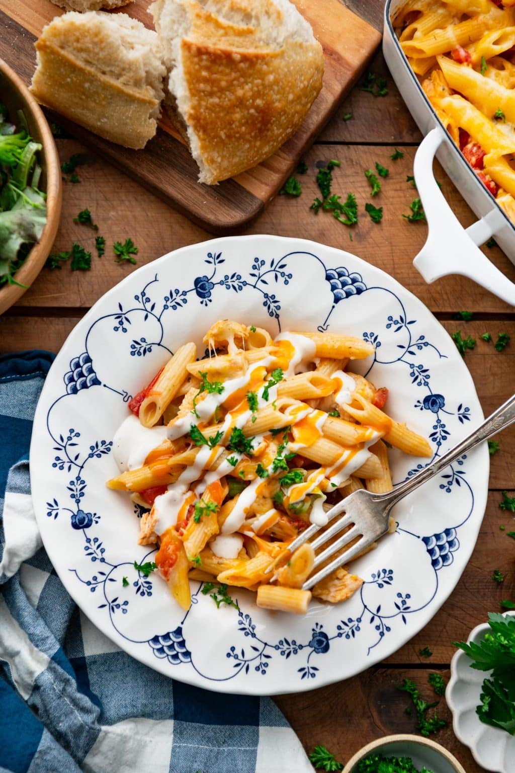 Dump-and-Bake Buffalo Chicken Pasta - The Seasoned Mom