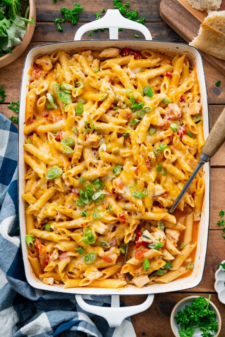 Dump-and-Bake Buffalo Chicken Pasta - The Seasoned Mom
