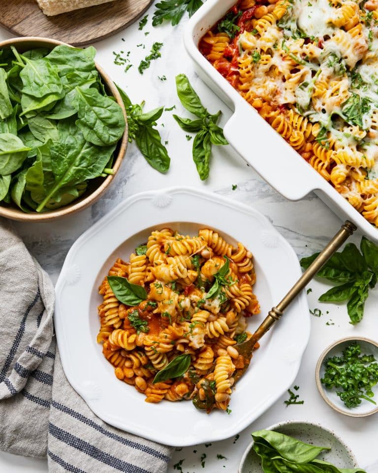Dump-and-Bake White Bean Pasta with Spinach - The Seasoned Mom