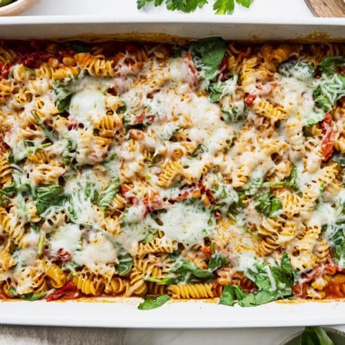 Dump-and-Bake White Bean Pasta with Spinach - The Seasoned Mom