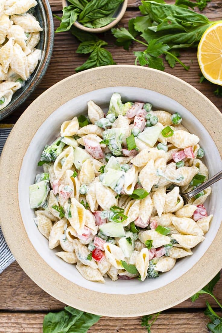 Easy Pasta Salad with Mayo, Lemon and Basil - The Seasoned Mom