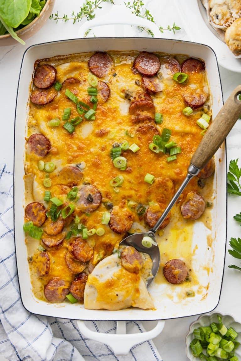 Dump-and-Bake Pierogi Casserole with Kielbasa - The Seasoned Mom